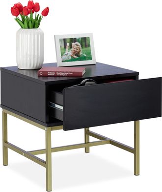 Relaxdays Nachttisch schwarz, quadratischer Beistelltisch m. Schublade, Holz, goldenes Metallgestell, 50x50x50 cm, black