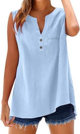 Generic D&eacute;bardeur en mousseline pour femme - Sans manches - En coton - Col en V - D&eacute;bardeur ample - &Eacute;l&eacute;gant - L&eacute;ger - Camisole ample - T-shirt d&eacute;t&eacute; - Boutonni