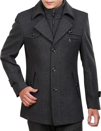 Generic Caban dhiver &eacute;l&eacute;gant en laine m&eacute;lang&eacute;e &agrave; simple boutonnage militaire d&eacute;contract&eacute; automne hiver caban chaud et doux pour homme, gris, 3XL