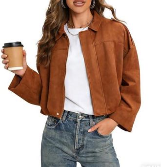 Generic Veste courte en daim synth&eacute;tique pour femme - Style d&eacute;contract&eacute; et l&eacute;ger - Pour lautomne et lhiver - V&ecirc;tements dext&eacute;rieur tendance, marron, XL