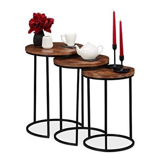 Relaxdays Table gigogne, Jeu de 3, dappoint Ronde Bois de Mangue, Design Industriel, métal Noir, 3 Tailles, Couleurs, Fer, 57,5 x 41 x 41 cm