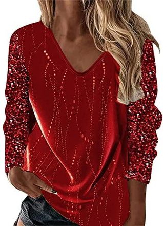 FNKDOR T-Shirts &agrave; Manches Longues pour Femmes Sweatshirt Col en V Tee Shirts Tuniques Basiques avec Brillant Chemisier Tops Blouse D&eacute;contract&eacute;e Casual(A Roug