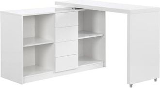Vente-Unique Bureau Extensible PAVELO avec Plateau pivotant 360&deg; - MDF Blanc laqu&eacute; Brillant, Meuble modulable avec rangements int&eacute;gr&eacute;s, id&eacute;al pour optimiser lEspac