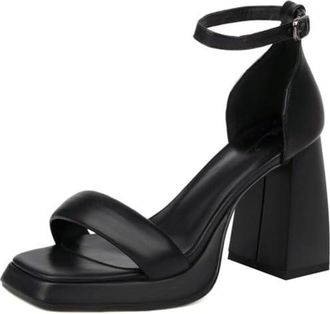 Generic Sandales &agrave; talon carr&eacute; et sangle de cheville pour femme - Pour soir&eacute;e et cocktail - En microfibre de luxe, Noir, 45 EU