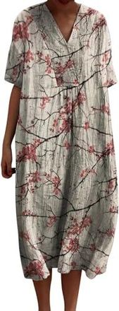 FNKDOR Robes Femme Vintage Couleur Unie Robes Midi Casual Col en V F&ecirc;ter Robe de Vacances &agrave; la Plage Mi-Longue Robes D&eacute;t&eacute; &agrave; Manches Courtes Grande Taille Amp