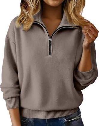 Generic Pull en casmere &agrave; fermeture &eacute;clair 1/4 pour femme - Col montant - Manches longues - Coupe ample - D&eacute;contract&eacute; - Hiver - Confortable, camel, 3XL