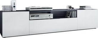 Vladon TV Board Mogan 181 x 39 x 35 cm, langes Lowboard mit 6 Fächern, Korpus in Anthrazit Matt, Fronten in Weiß matt