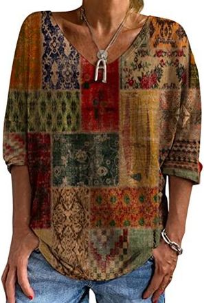 Onsoyours Femme Vintage Imprimé Chic Col en V 3/4 Manches Shirts Élégant Imprimé Tops Blouse Mode Casual Loose Tunique Tops Hauts T-Shirts H Rouge XL