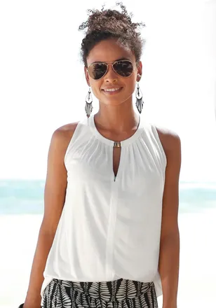 Lascana Tanktop LASCANA, Damen, Gr. 32/34, beige (creme), Jersey, Obermaterial: 100% Viskose, unifarben, figurumspielend h&uuml;ftlang, V-Ausschnitt, Tops Tanktop,