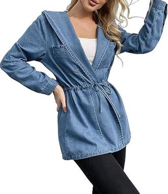 Generic 2026 Vestes d&eacute;contract&eacute;es pour femme en denim surdimensionn&eacute; long Boyfriend Distresse Jean Automne Printemps, bleu, L