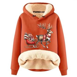 Generic 2026 Printemps &Agrave; La Mode De No&euml;l Imprim&eacute; Cerf Femmes Automne Et Hiver Plus Velours &Eacute;paissi Chaud Cardigan Pull &agrave; Capuche Agneau, Orange, 3XL