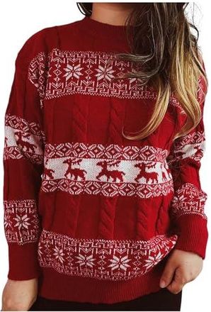 Generic Sweat De Noel Femme Rigolo,Pull Femme Jacquard Col Rond Motif Flocon Neige Tricoté Confortable ÉLéGant Hiver Froid NoëL Tendance Chaud Manteau Laine D