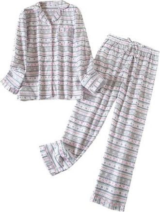 Generic Ensemble de pyjama en flanelle de coton pour femme, ensemble de pyjama confortable Sleepwea boutonné, manches longues et cordon de serrage sur toute l