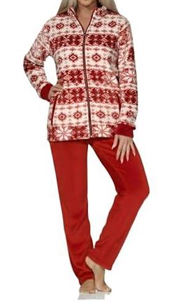 Normann Combinaison dint&eacute;rieur pour femme en polaire corail - Tenue de loisirs - Aspect norv&eacute;gien, rouge, 42-44