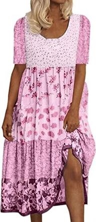 Generic Robe longue boh&egrave;me 2026 pour femme, imprim&eacute; floral boh&egrave;me, sexy, col rond, manches courtes, robe longue fluide, rose, 3XL