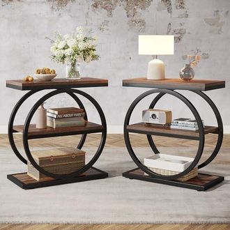 Tribesigns Lot de 2 tables dappoint &eacute;troites avec 3 &eacute;tag&egrave;res de rangement, table dappoint en bois, petite table dappoint industrielle pour salon, table de nuit f