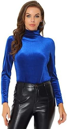 Allegra K Chemise à Manches Longues pour Femmes Col Montant Stretchy Velvet Col roulé Basic Blouse Tops Bleu Royal M