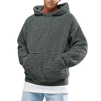 Generic Pull &agrave; capuche sherpa pelucheux &agrave; manches longues pour homme, v&ecirc;tements dext&eacute;rieur tendance automne-hiver d&eacute;contract&eacute; en polaire &agrave; capuche avec poche,