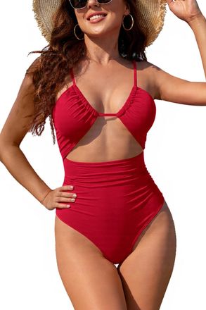 SHEKINI Bauchkontrolle Badeanzug Damen Hoher Schnitt Bauchweg Badeanzug Damen Sexy Cut Out Design(XL, Rot)