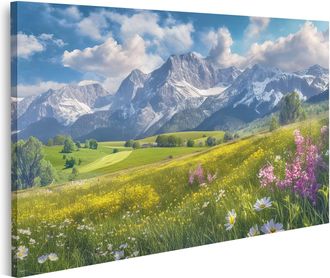 Islandburner Bild auf Leinwand Alpenwiese im Frühling mit Bergpanorama für Wohnzimmer Naturliebhaber Wellness-Center Bilder Wandbilder Poster