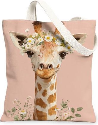 Generic Sacs fourre-tout en toile motif girafe florale, sacs &agrave; provisions r&eacute;utilisables, sacs de courses r&eacute;utilisables, toile l&eacute;g&egrave;re et lavable pour le voyage