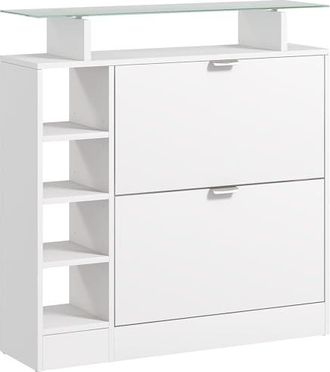 HOMCOM Meuble &agrave; Chaussures Moderne avec Deux tiroirs rabattables pour 12 Paires, Armoire &agrave; Chaussures avec Plateau en Verre et &eacute;tag&egrave;res r&eacute;glables, 89 x 25 x 
