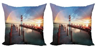 Abakuhaus Leuchtturm Dekokissen Kissenbezug 2er Pack, Wolken Sonnenuntergang am Meer, Modern Accent Doppelseitiger Digitaldruck, 60x60, Tan Rot