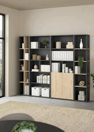 Dmora Wohnzimmerm&ouml;bel Sabine, Modulares Wohnzimmerset, Mehrzweck-Wohnzimmerm&ouml;bel, Moderner TV-Schrank, 241x34 h205 cm, Eiche und Grau