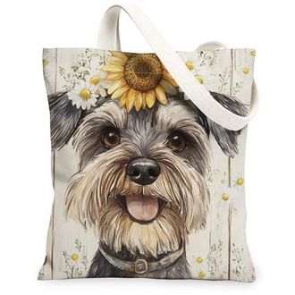 Generic Sac fourre-tout en toile rustique en bois schnauzer pour faire du shopping, 33 x 38,1 cm, sac d&eacute;picerie r&eacute;utilisable pour femme, peinture danimaux dom
