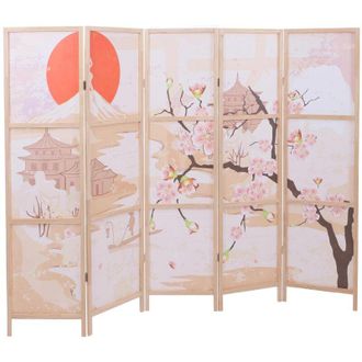 Hhg Paravent HHG-678, Trennwand Sichtschutz Raumtrennung Naturmotive Holz MVG Polyethylen 170x227cm Kirschbl&uuml;ten
