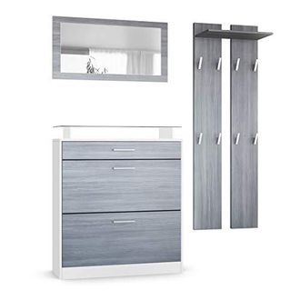 Vladon Penderie Loret Mini, Meuble dentrée Comprenant 1 Commode à Chaussures, 1 Miroir Mural et 2 Panneaux Porte-Manteaux, Blanc Mat/Avola-Anthracite
