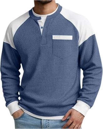 Generic T-shirts gaufr&eacute;s pour homme avec demi-boutons Henry - Manches longues - Col en V - Grande taille - Doux et respirant - Costume de sport pour cadeaux q