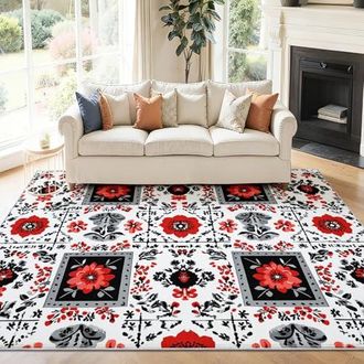 Generic Tapis Rond Salon 140 x 200 cm, Lavable Antid&eacute;rapant Tapis, Abstrait Grille G&eacute;om&eacute;trique Floral Imprim&eacute; Carpette pour la Chambre la Salle &agrave; Manger et Bu
