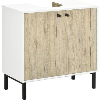 Kleankin Kleankin - Meuble sous vasque simple 60L x 30l x 60H cm - 2 portes avec &eacute;tag&egrave;re r&eacute;glable - Panneaux aspect ch&ecirc;ne clair et blanc - Pi&egrave;tement acier noir