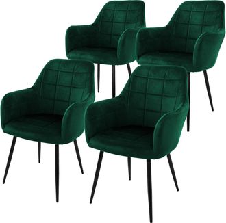 ECD Germany 4er Set Esszimmerst&uuml;hle mit R&uuml;cken- und Armlehnen, Dunkelgr&uuml;n, K&uuml;chenst&uuml;hle mit Samtbezug, Polsterst&uuml;hle mit Metallbeinen, Ergonomische St&uuml;hle f&uuml;r Ess