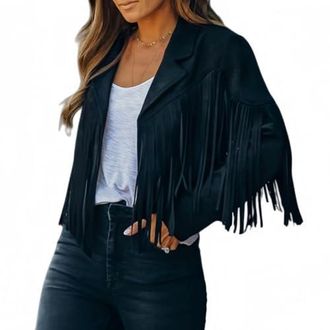 Generic Veste cardigan &agrave; franges tendance pour femme, veste courte &agrave; franges occidentales &agrave; pompons, manteaux courts pour moto, Noir, XL