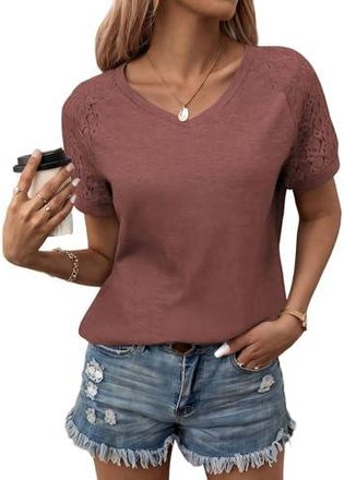 Zeagoo T-shirt à manches courtes et col en V pour femme - T-shirt basique ample décontracté - Chemisier dété en dentelle, rouge vin, XL