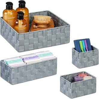 Relaxdays Aufbewahrungskorb 4er Set, Verschiedene Größen, Körbchen geflochten, Badezimmer, Dekokorb, Kunststoff, grau