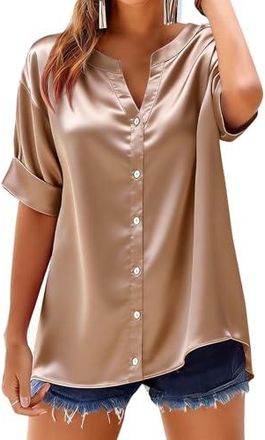 Generic Chemisiers habill&eacute;s et &eacute;l&eacute;gants en satin pour femme - Haut &agrave; manches courtes et col en V - Chemisier &agrave; boutons - &Eacute;paules tombantes - Respirant et l&eacute;ge