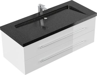 Magnolia Home Badm&ouml;bel Granit Galaxy Black Damo 130 cm 1 Hahnloch SoftClose Farbe Weiss Hochglanz