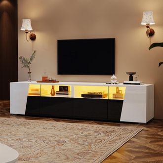 Generic QXJVA TV-Schrank 180 cm Wei&szlig; Schwarz Hochglanz Lowboard mit LED Beleuchtung TV-M&ouml;bel 2 Schubladen & T&uuml;ren Fernsehtisch Glasb&ouml;den TV-Bank Sideboard TV 