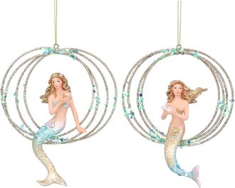 Gisela Graham Harz Blau und Gold 14 cm Meerjungfrauen im Drahtkranz Ring Set von 2