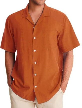 Generic Chemise de plage décontractée à manches courtes pour homme - Couleur unie - Bouton tendance - Col cubain - Chemise unie à manches courtes, Orange, 4XL