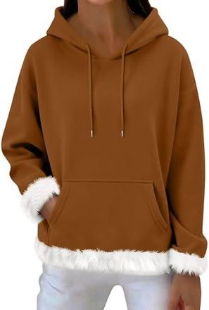 Generic Sweat-shirt de Noël long pour femme avec poignets et ourlet en peluche surdimensionnés imprimés de Noël pulls à manches longues pour femme, café, XXL