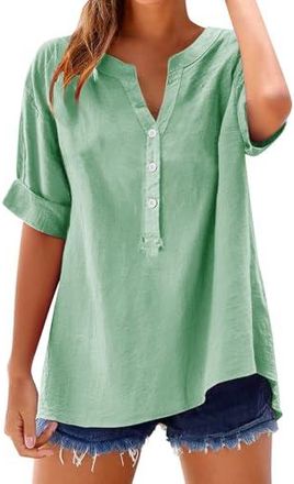 Generic Chemisier d&eacute;t&eacute; d&eacute;contract&eacute; &agrave; manches courtes et col en V pour femme, coupe ample, l&eacute;ger, facile dentretien, pour le quotidien, les voyages, vert menth