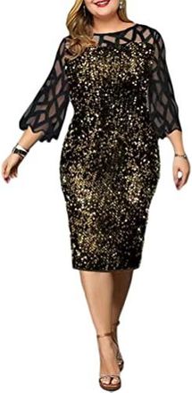 Minetom Femmes Manches 3/4 Lâche Grande Taille Robes Elégante Paillettes Au Genou Robe de Soirée Cérémonie Cocktail Mariage A Or XXL