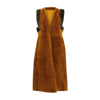 Zeus + Dione Shearling Midi Gilet in Braun/Gr&uuml;n - - Jackets - Damen - Braun - XS/S