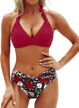 Yonique Maillot de Bain Deux pièces pour Femme - Push Up - Bikini Dos Nu - Style Vintage, Rouge et Floral, Taille L