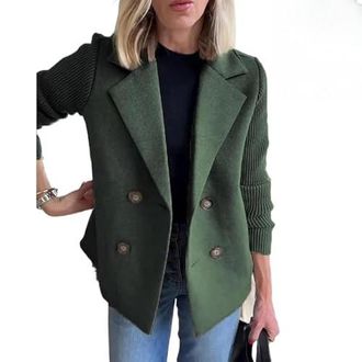 Generic Manteau d&eacute;contract&eacute; &agrave; manches patchwork en tricot &agrave; revers pour femme avec boutons &agrave; revers et double boutonnage, Vert, 3XL