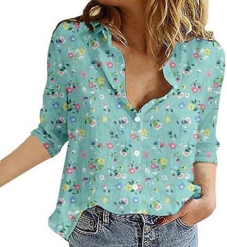 Generic Chemise Coton Et Lin Femme Éte Chemisier Col V avec Bouton Manches Longues Décontractés Tops Fleurs Lâche Respirant Tee Shirt Grandes Tailles Casual C